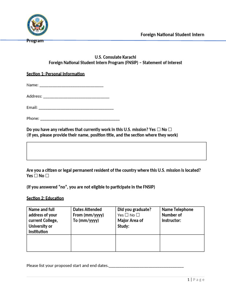 Foreign National Student Intern Program (FNSIP) - Statement of Interest ...