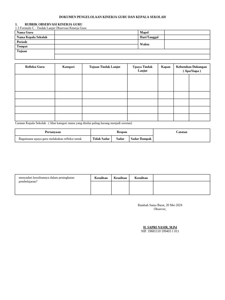 Rubrik Observasi Formulir C Okt | PDF