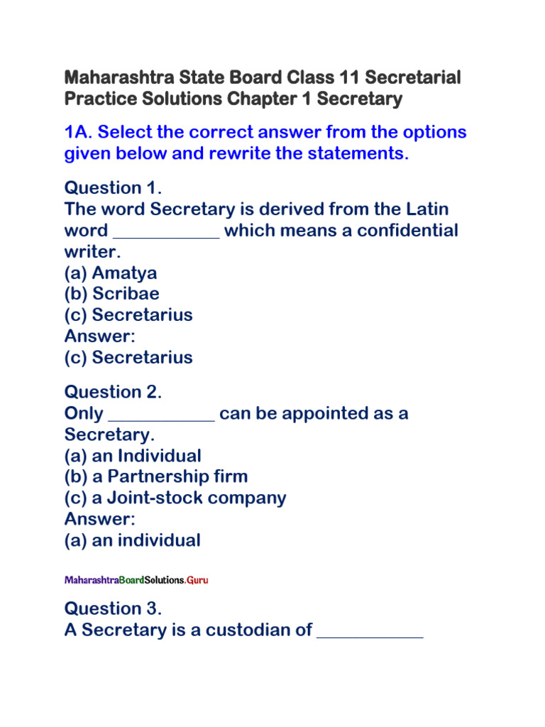 Maharashtra State Board Class 11 Secretarial Practice Solutions Chapter ...