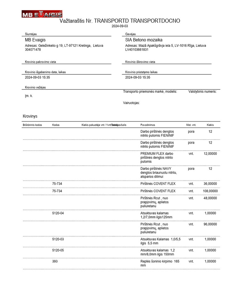 Važtaraštis Nr. Transportd Transportdocno: MB Evaigis SIA Betono Mozaika | PDF