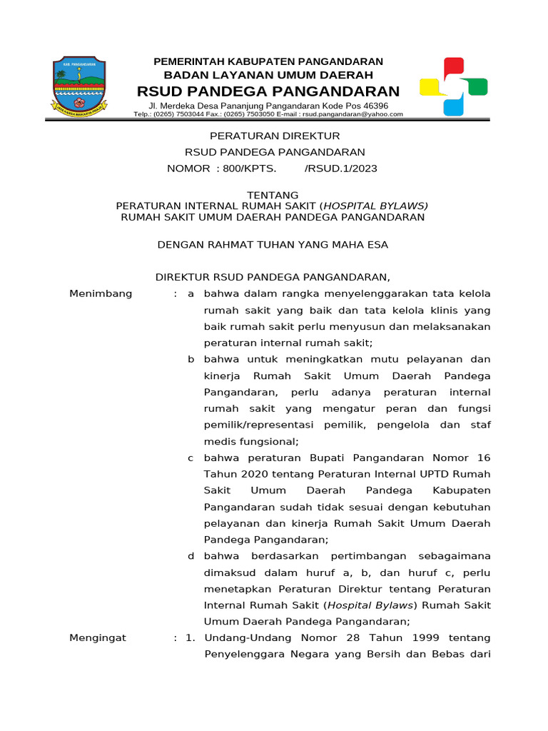 Draft Perdir Peraturan Internal Rsud Pandega Pangandaran | PDF