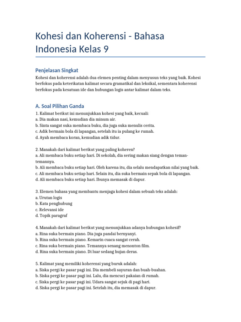 Soal Kohesi Dan Koherensi Bahasa Indonesia Kelas 9 | PDF