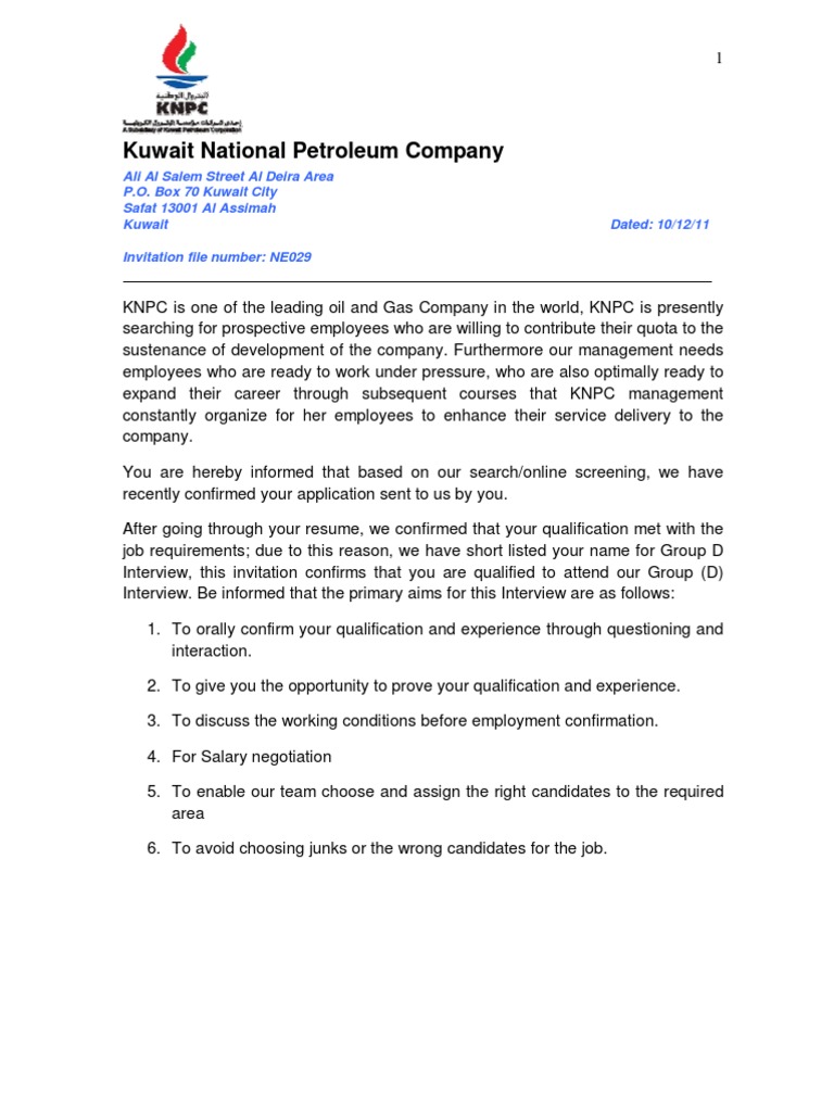 KNPC Interview Invitation and Options | PDF | Travel Visa | Email