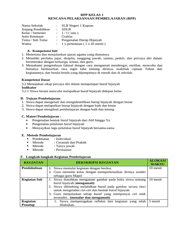 RPP Pai Kelas 1 | PDF