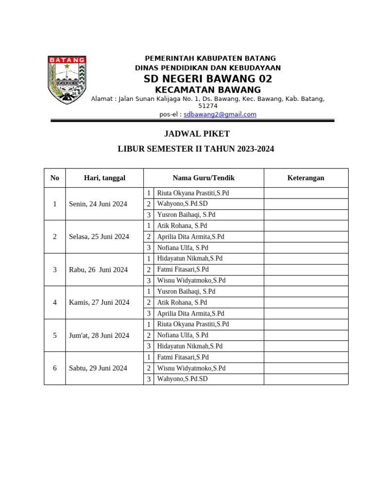 Jadwal Piket Libur Semester Genap 2023 2024 | PDF