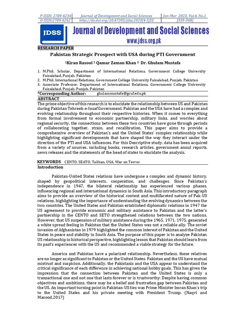 Pakistan Strategic Prospect With USA During PTI Government: Research ...