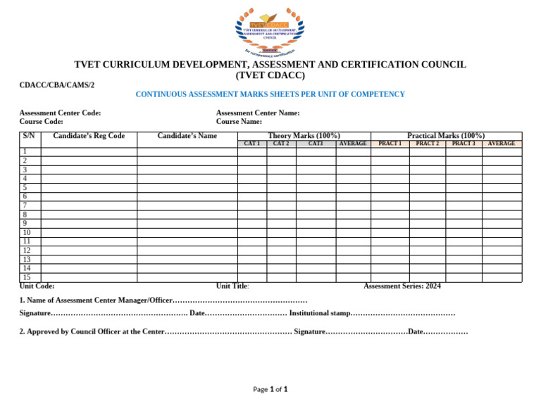 Continous Assessment Marks Sheets Per Unit Of Competency - Copy | PDF