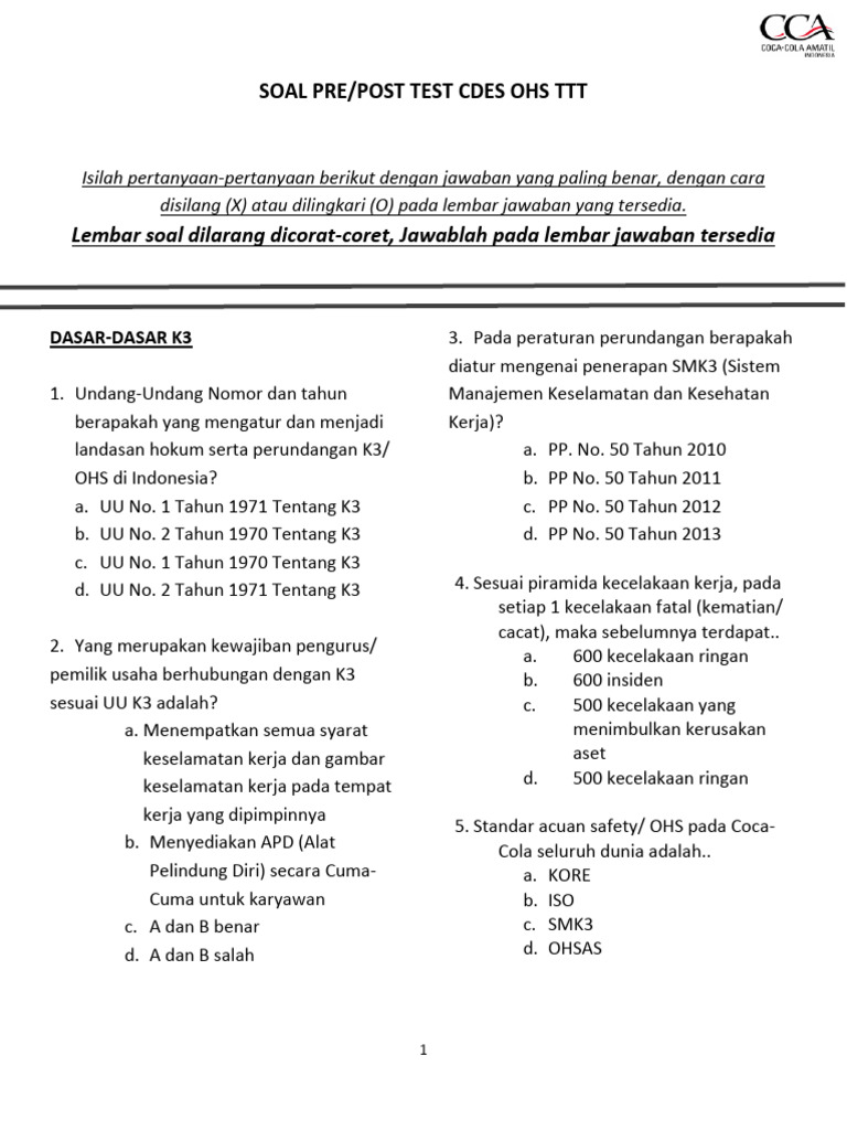 SOAL PRE-POST CDES OHS TTT 2016 | PDF