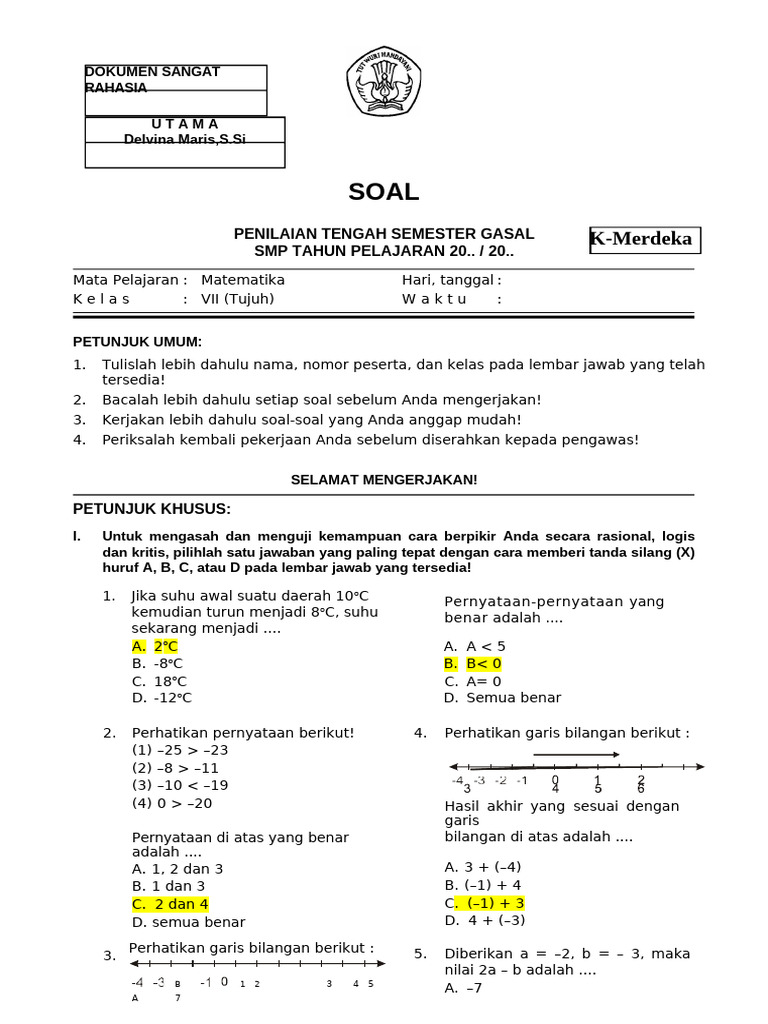 Soal STS Matematika KLS 7 Sem.1... | PDF