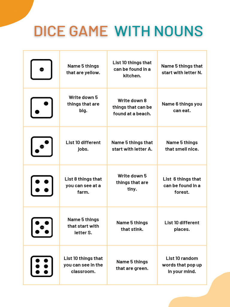 Dice Game - Nouns and Board Game For Teens | PDF