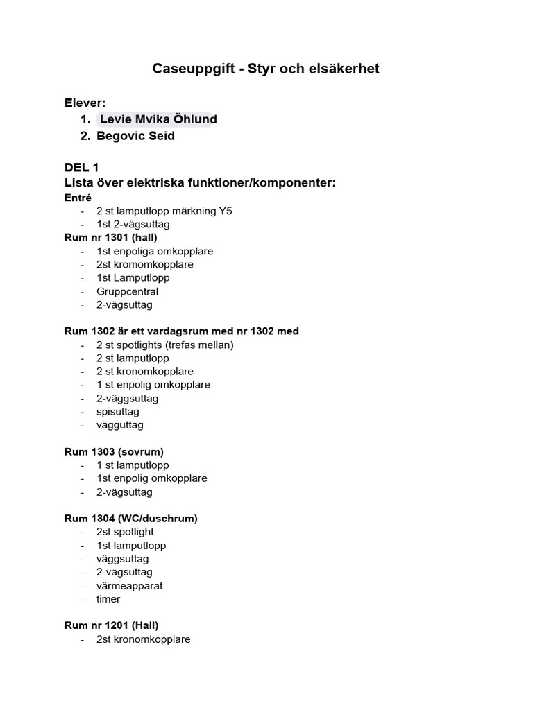 Caseuppgift 1, Styr Och Elsäkerhet, Seid Begovic & Levie Mvika Öhlund ...