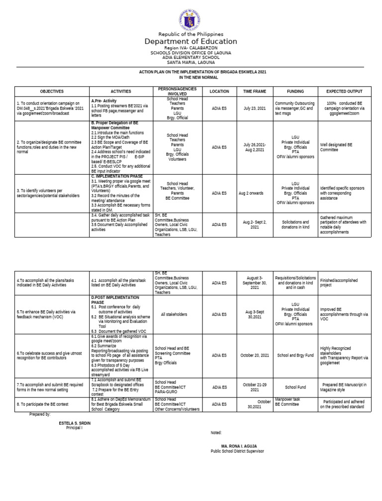 ADIA Brigada Eskwela Action Plan 2021 | PDF