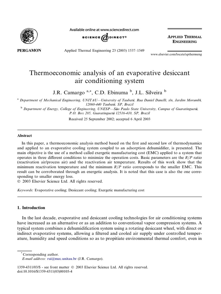 Thermoeconomic Analysis of An Evaporative Desiccant ACS | PDF