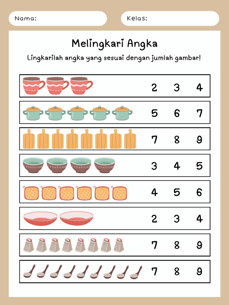 Lembar Kerja Melingkari Angka Sesuai Jumlah Peralatan Dapur Ilustrasi ...