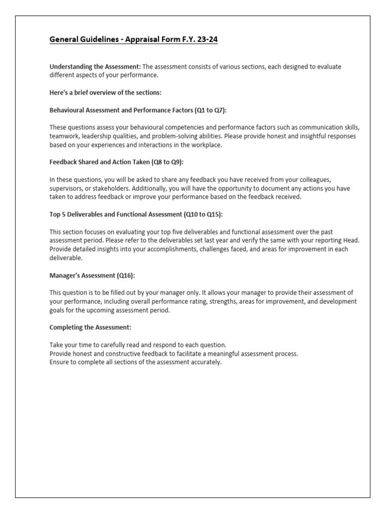 Appraisal Form - General Guidelines FY 23-24 | PDF