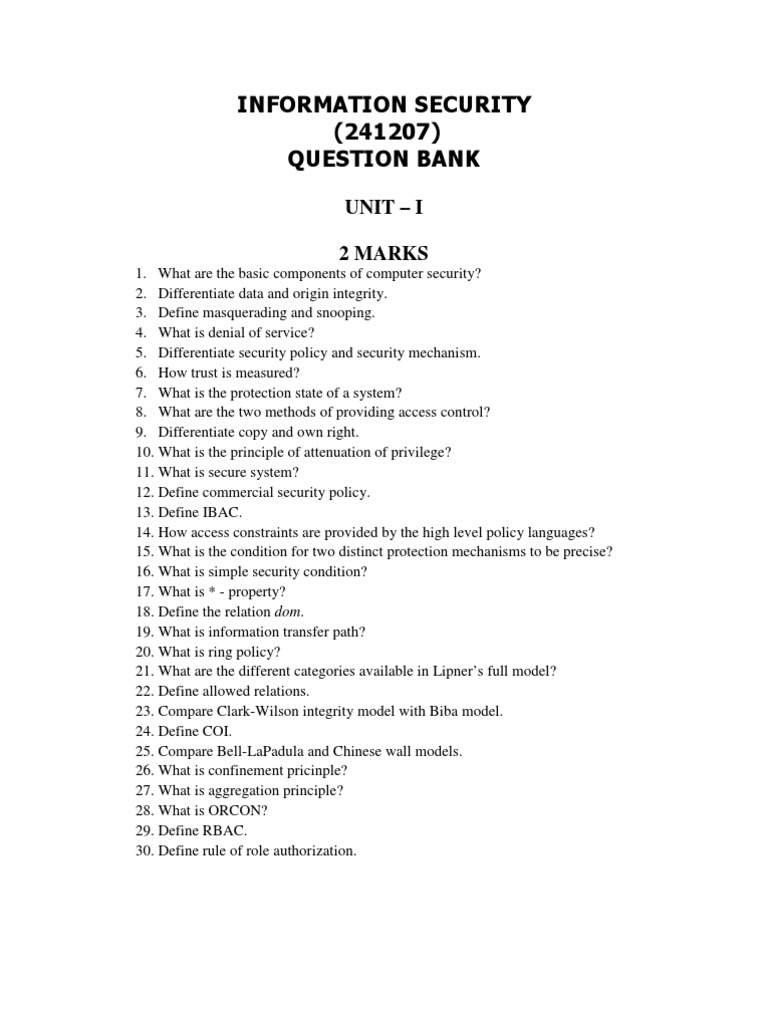 Information Security (241207) Question Bank: Unit - I 2 Marks | Download Free PDF | Computer ...