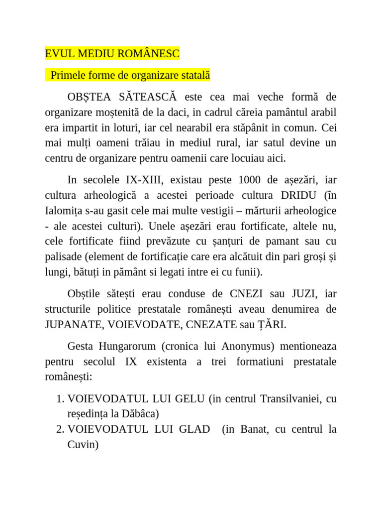 EVUL MEDIU ROMÂNESC - Primele Forme de Organizare Statala | PDF
