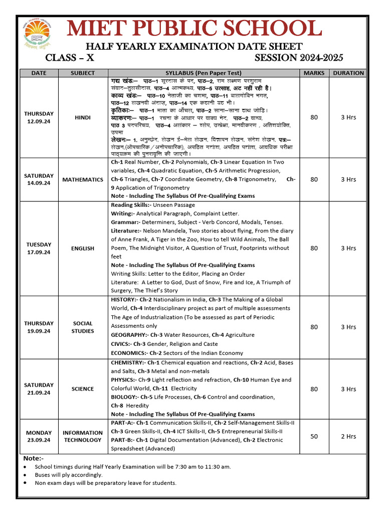 Date Sheet Class 10 | PDF
