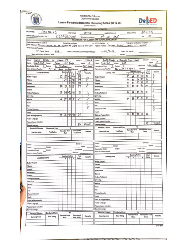 Learner Permanent Record For Elementary School SF10 ES | PDF