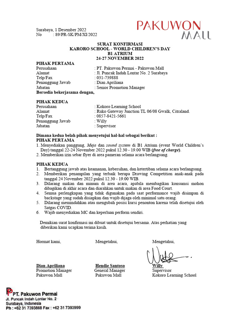 089-PR-SK-PM-XI-2022 Surat Konfirmasi World Childrens Day - Karorot | PDF