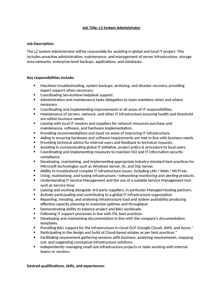 Profile L2 System Administrator | PDF