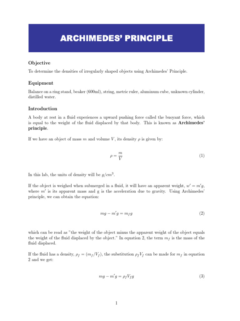 Phys 101 Lab-Archimedes Principle-F2021 | PDF