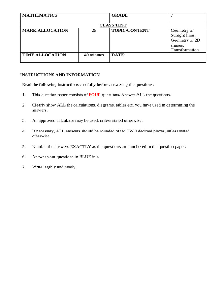 Grade 7 Class Test Term 3 2024 Pdf