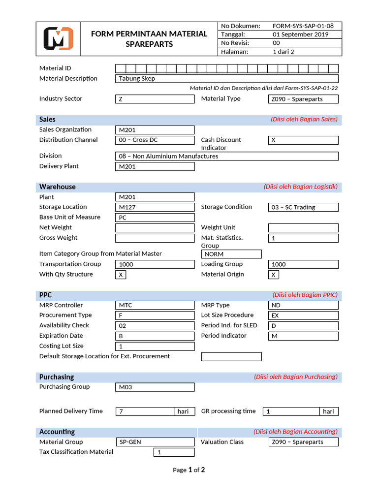 Form-SYS-SAP-01-08 Form Material Spareparts Tabung Skep TTD | PDF