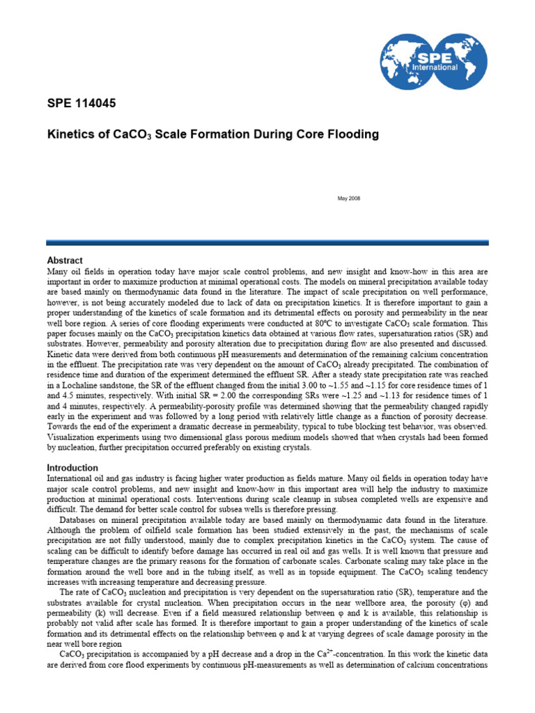 Kinetics of CaCO3 Scale Formation During Core Flooding | PDF