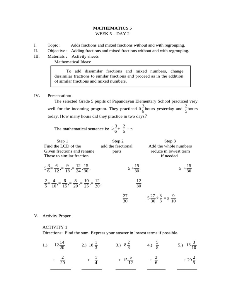 Math 5 Activity Sheets Q1 W6 | PDF