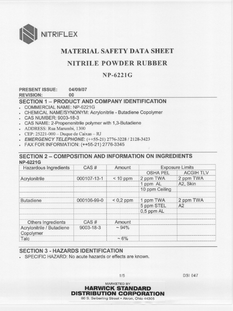Nitriflex Material Safety Data Sheet Nitrile Powder Rubber: Product and ...