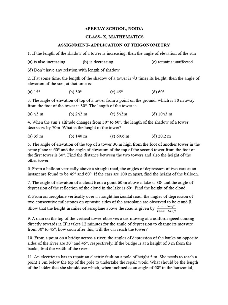 ASSIGNMENT ON APPLICATION OF TRIGONOMETRY | PDF