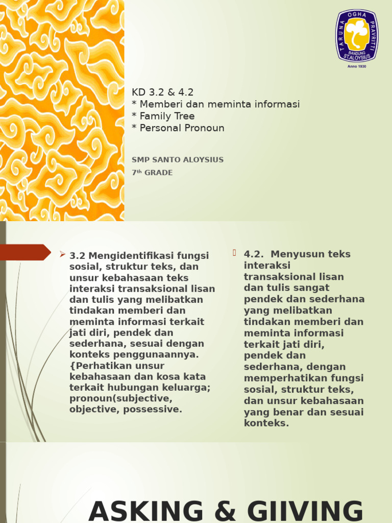KD - 3.2 PPT Inggris 7th Informasi Tentang Jati Diri | PDF