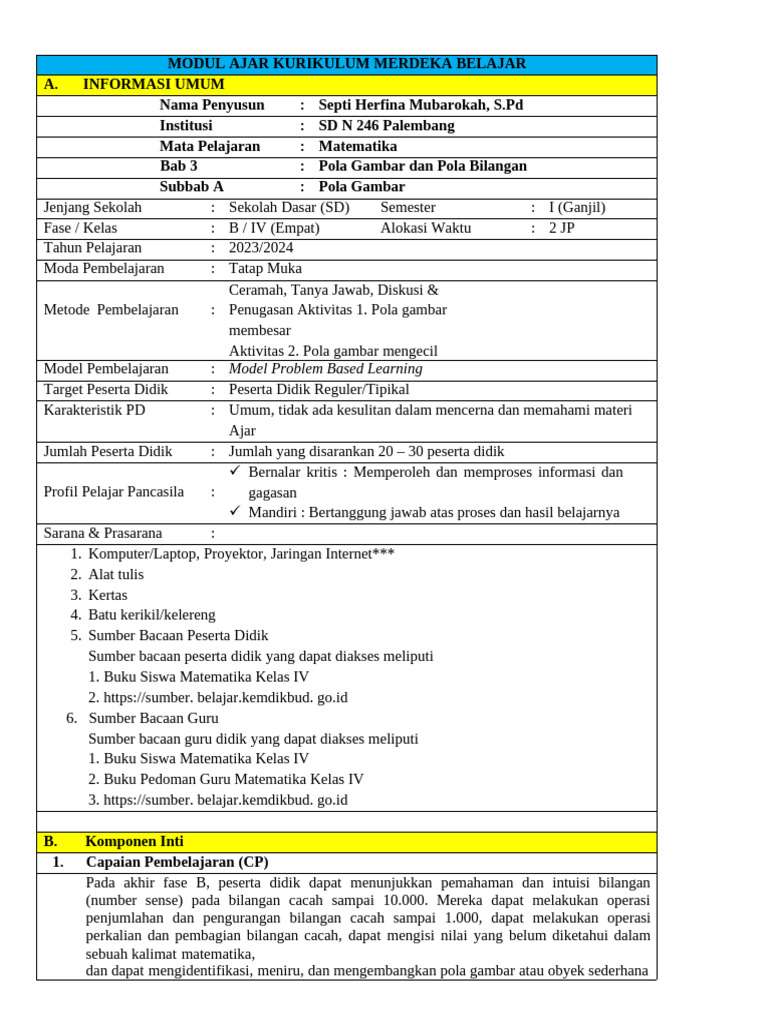 Modul MTK KLS 4 Materi Pola BLGN | PDF