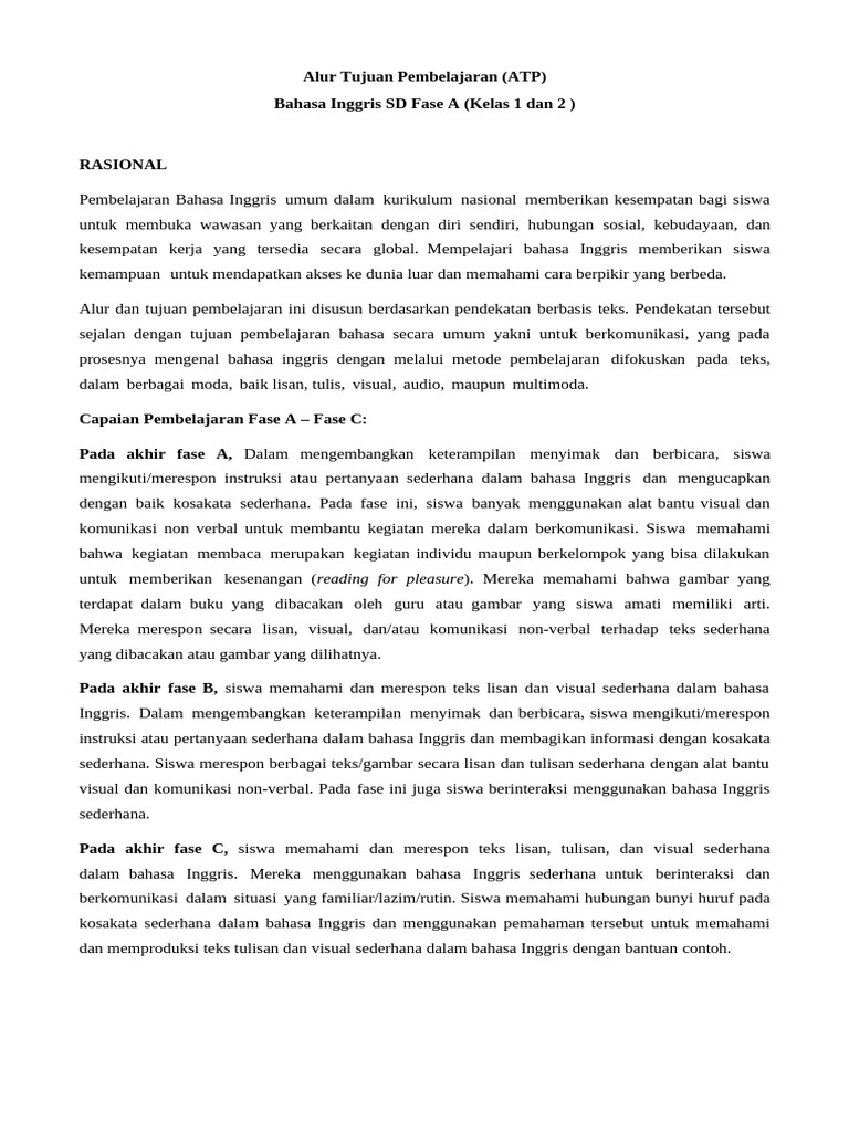 ATP Bahasa Inggris Kls 1 KASOKANDEL - Docx Fix | PDF