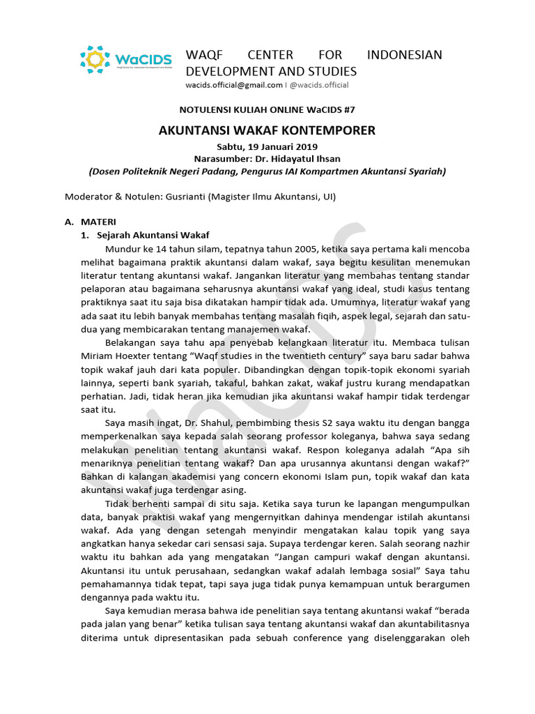 Notulensi WaCIDS KulWA 19 Januari 2019 - Akuntansi Wakaf Kontemporer | PDF