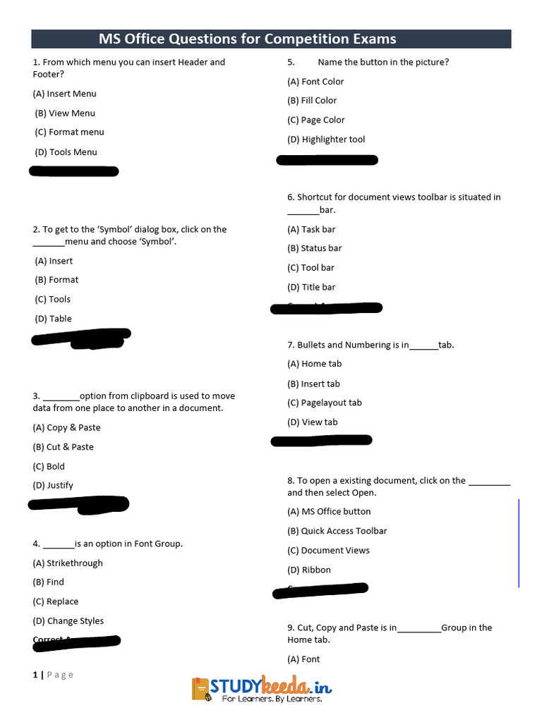 MS Office Questions For Compitition Exams | PDF