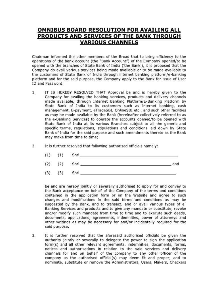 Omnibus Board Resolution For Availing All Products | PDF