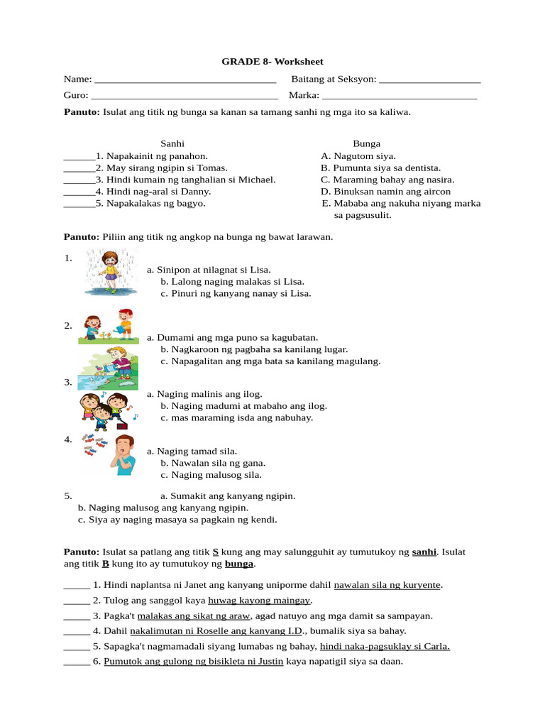 Sanhi at Bunga Worksheet | PDF