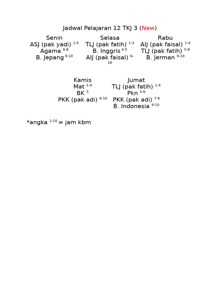 Jadwal Pelajaran 12 TKJ 3 | PDF
