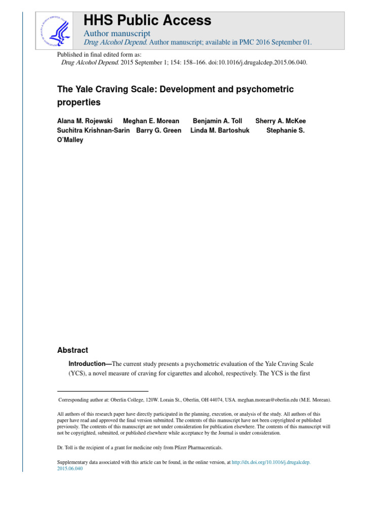 The Yale Craving Scale Development and P | PDF