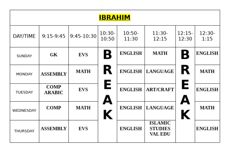 Time Table Grade 1 | PDF