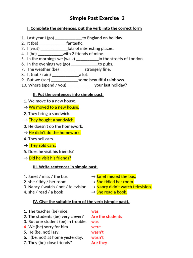 Simple Past Tense - Exercise 2 | PDF