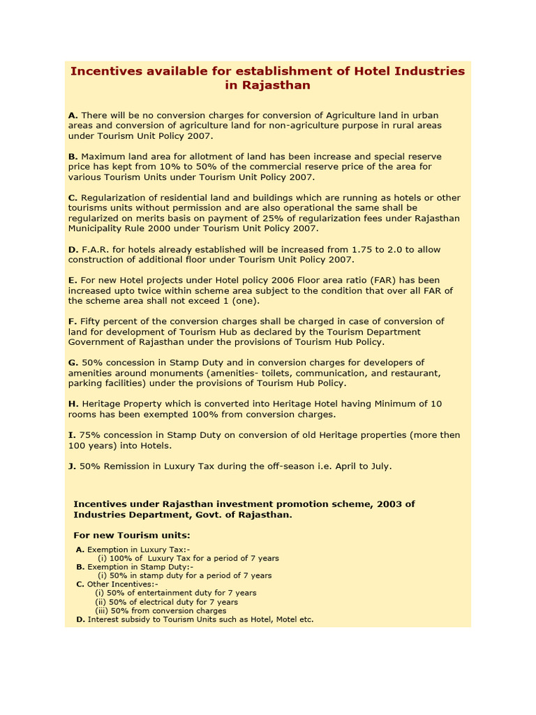 Incentives Available For Establishment of Hotel Industries in Rajasthan ...