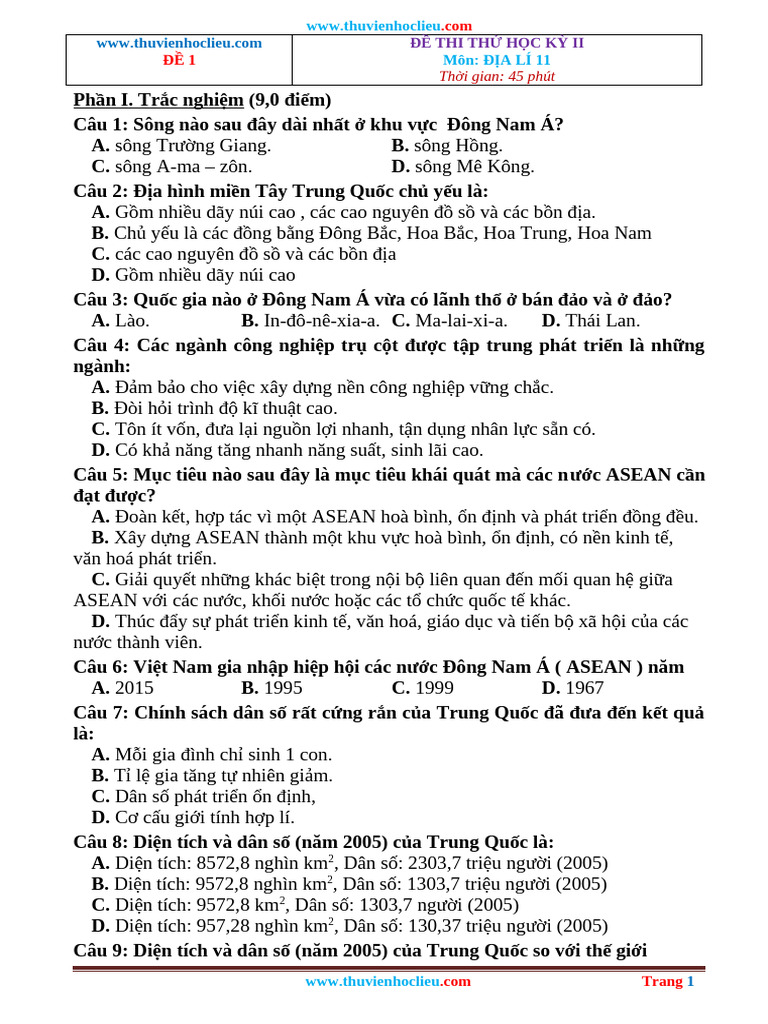 Bo de Thi DIA LI 11 HK2 Co Dap An | PDF