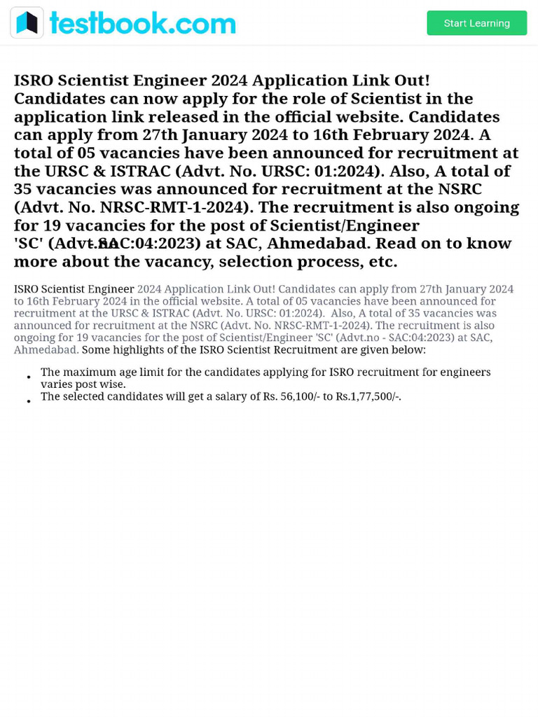 ISRO Scientist Recruitment - Application Link Out!Exam Info | PDF