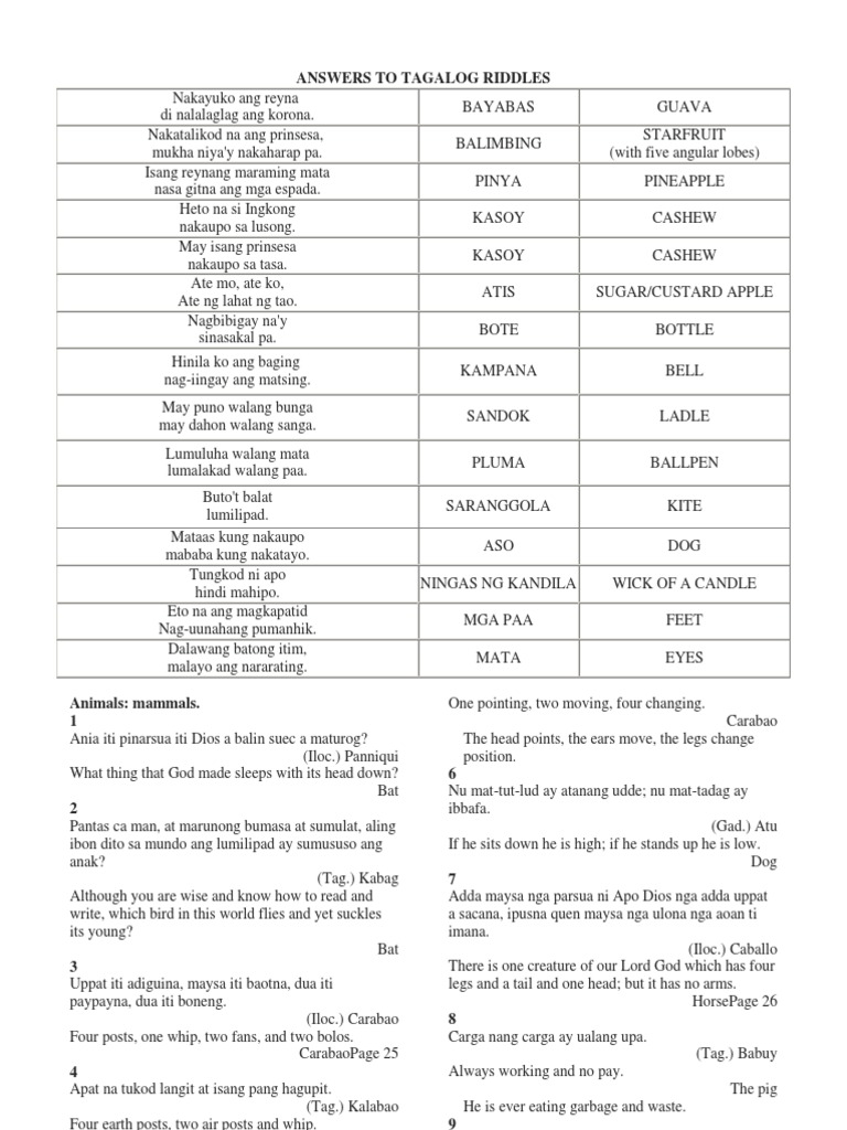 Answers To Tagalog Riddles | PDF