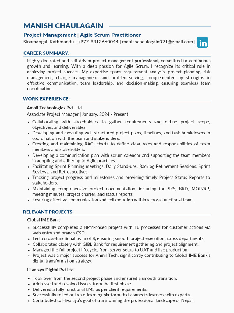 ManishChaulagain Resume | PDF | Scrum (Software Development) | Software ...