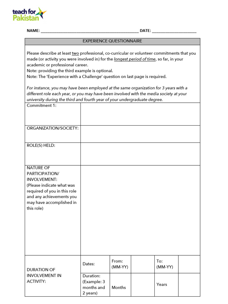 Experience Questionaire | PDF