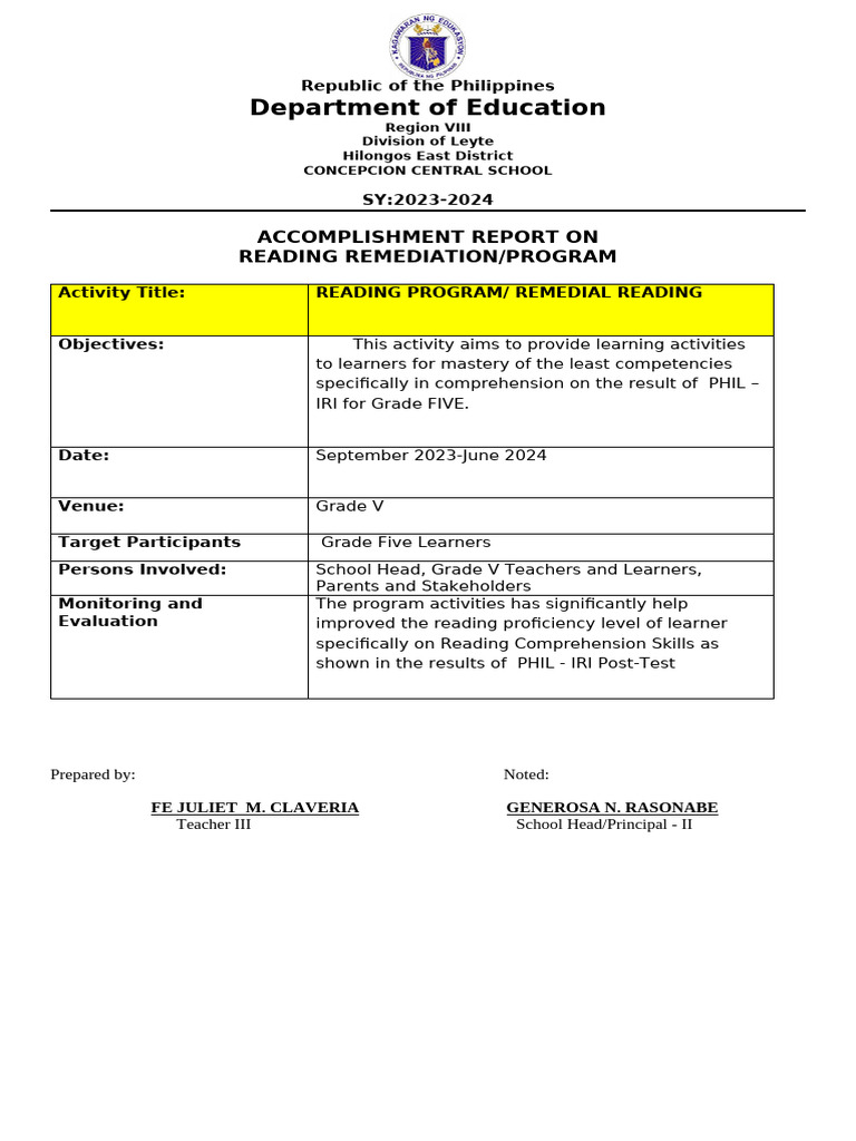 Accomplishment and Narrative Report Reading Program | PDF | Reading ...